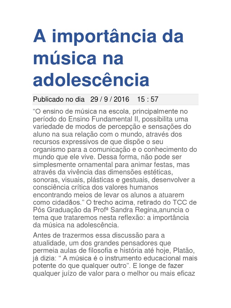 O Poder Da Musica Na Adolescencia | PDF | Adolescência | Aprendizado