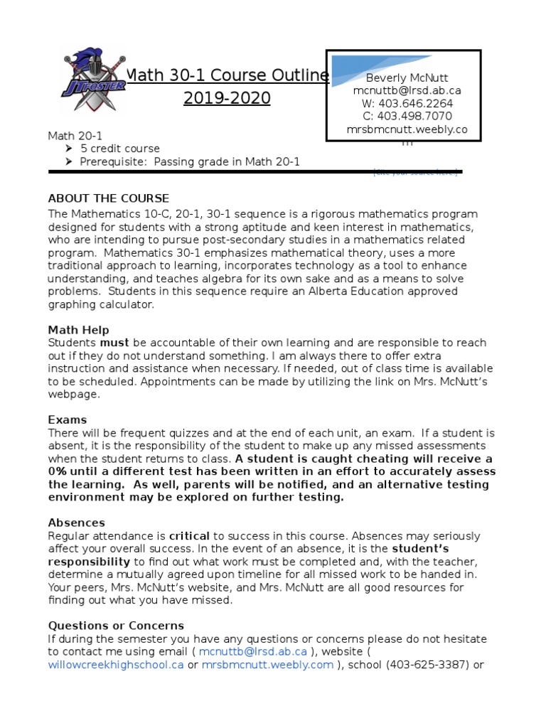 Math 30-1 - Course Outline 2019-2020 | PDF | Trigonometric Functions ...