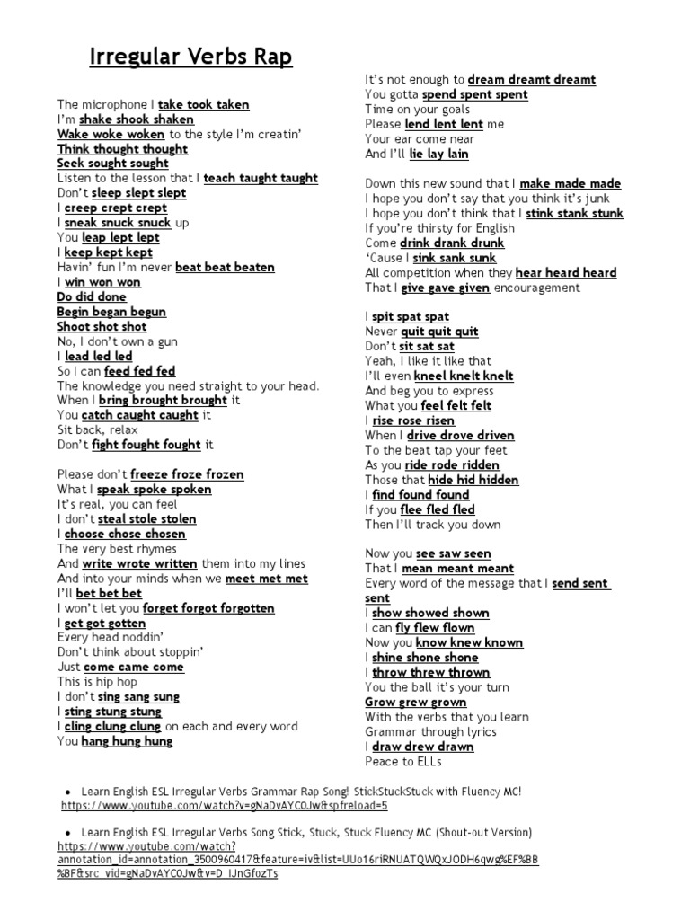 Irregular Verbs Rap Lyrics | PDF | English Language