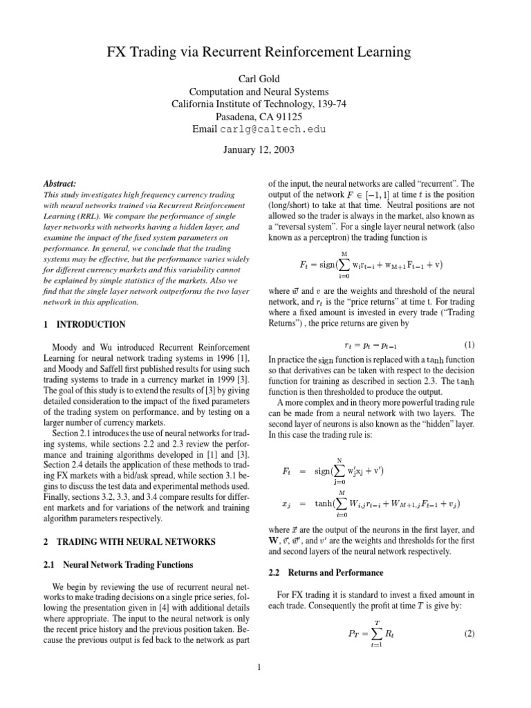 Gold (2003) - FX Trading Via Recurrent Reinforcement Learning PDF | PDF ...