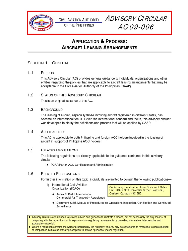CAAP Advisory Circular No. 09-006 (23 Sept 2011) | PDF | Lease | Aeronautics