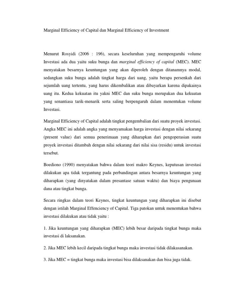 Marginal Efficiency of Capital Dan Marginal Efficiency of Investment | PDF