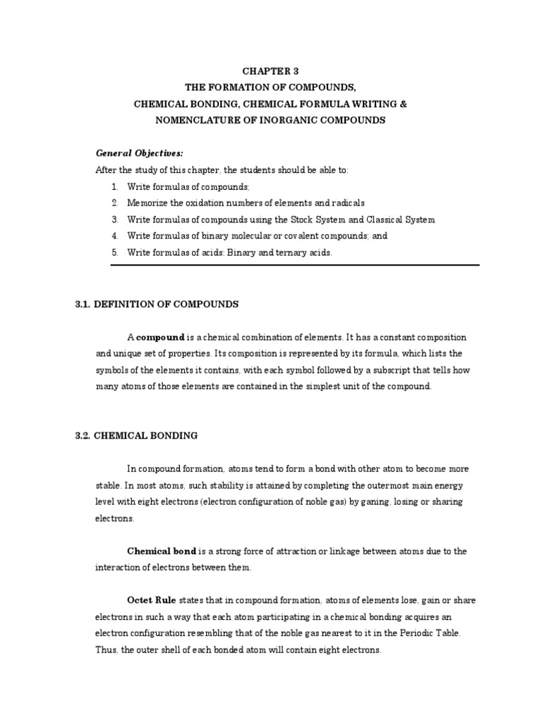 Chapter 3 The Formation of Compounds Chemical Bonding Chemical Formula ...