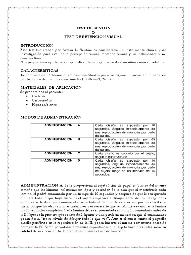 Test de Benton: Evaluación Visual y Memoria | PDF | Science | Ciencia y ...