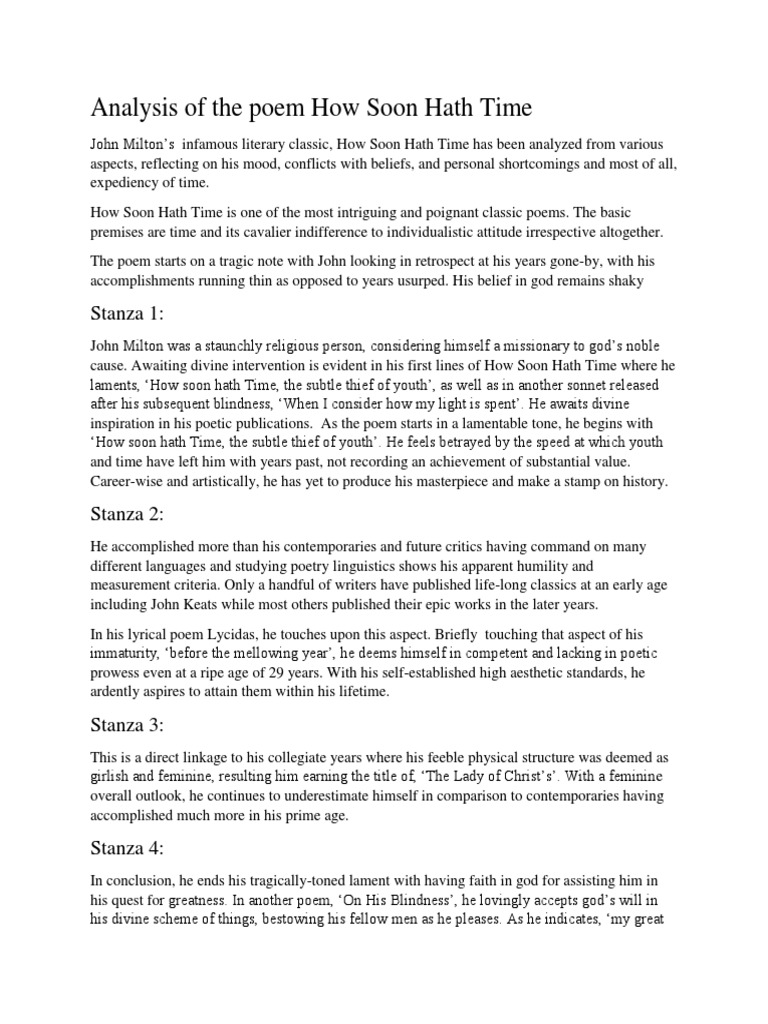 Analysis of Milton's "How Soon Hath Time" | PDF | John Milton ...