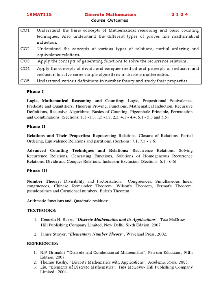 19MAT115-Discrete Mathematics-Lecture Plan PDF | PDF | Recurrence Relation | Discrete Mathematics