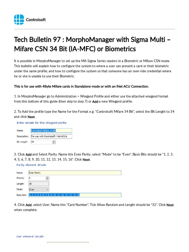 Tech Bulletin 97 - MorphoManager With Sigma Multi - Mifare CSN 34 Bit ...