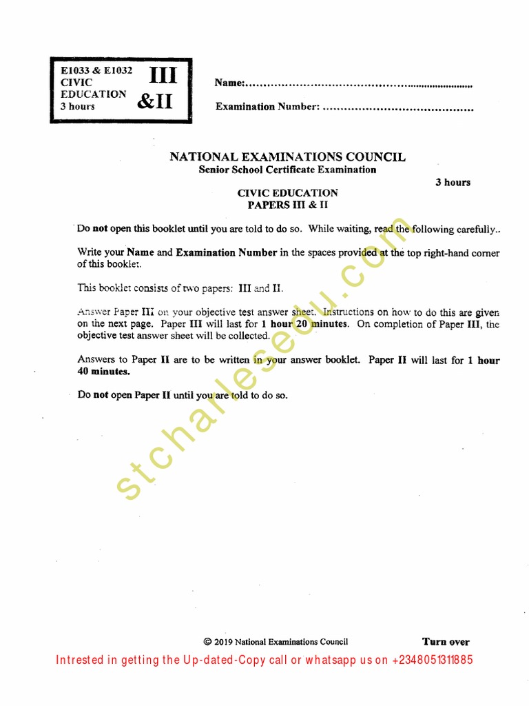 NECO Civic Education Past Questions Download For SSCE and GCE | PDF