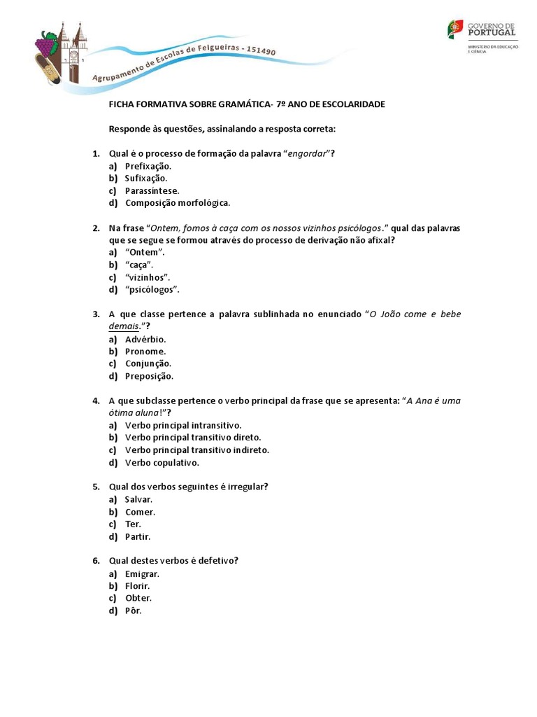 Teste Formativo De Gramática 7º Ano Pdf Pdf Assunto Gramática
