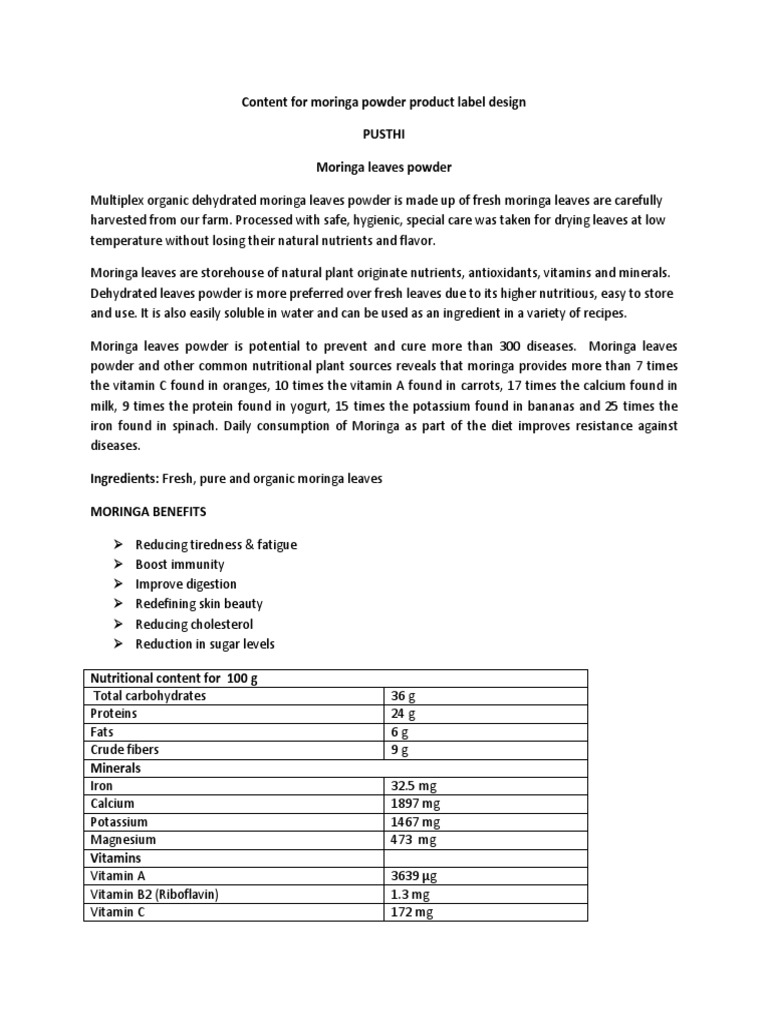 Content For Moringa Powder Product Label Design | PDF | Nutrition ...