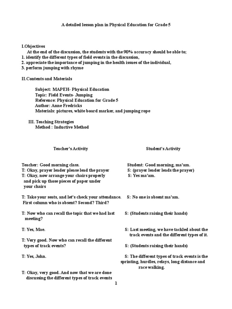 Grade 5 PE Lesson Plan: Jumping Events | PDF | Track And Field ...