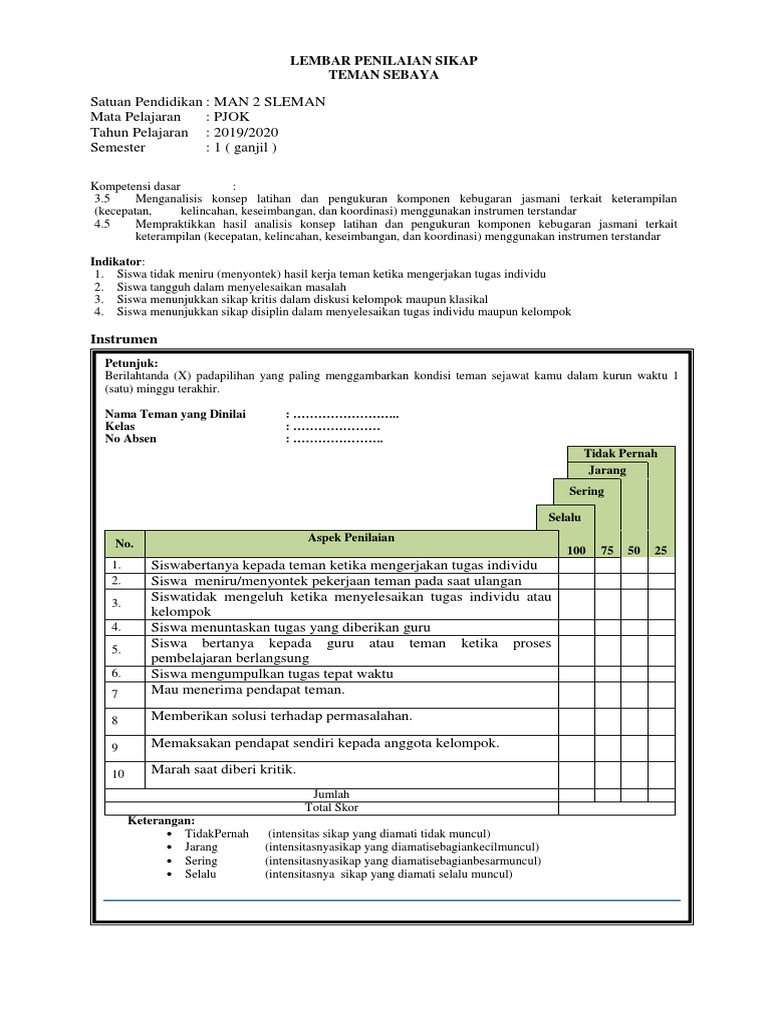 Instrumen Penilaian Sikap Teman Sebaya | PDF