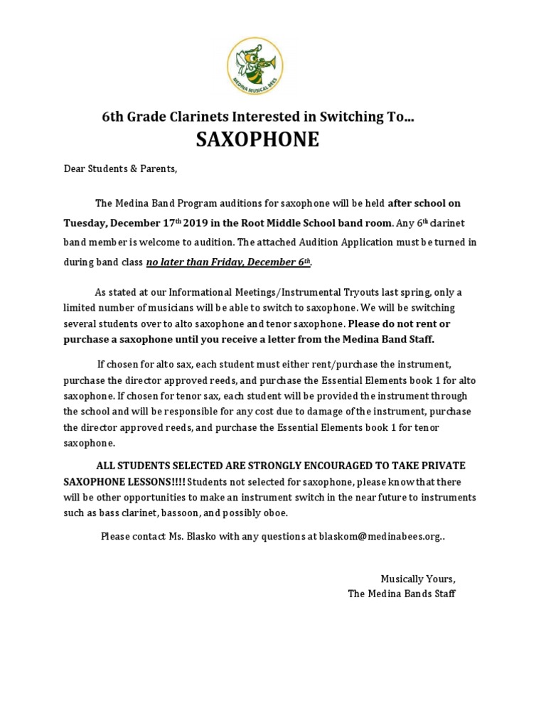 Mia Sax Letter | PDF | Saxophone | Tenor Saxophone