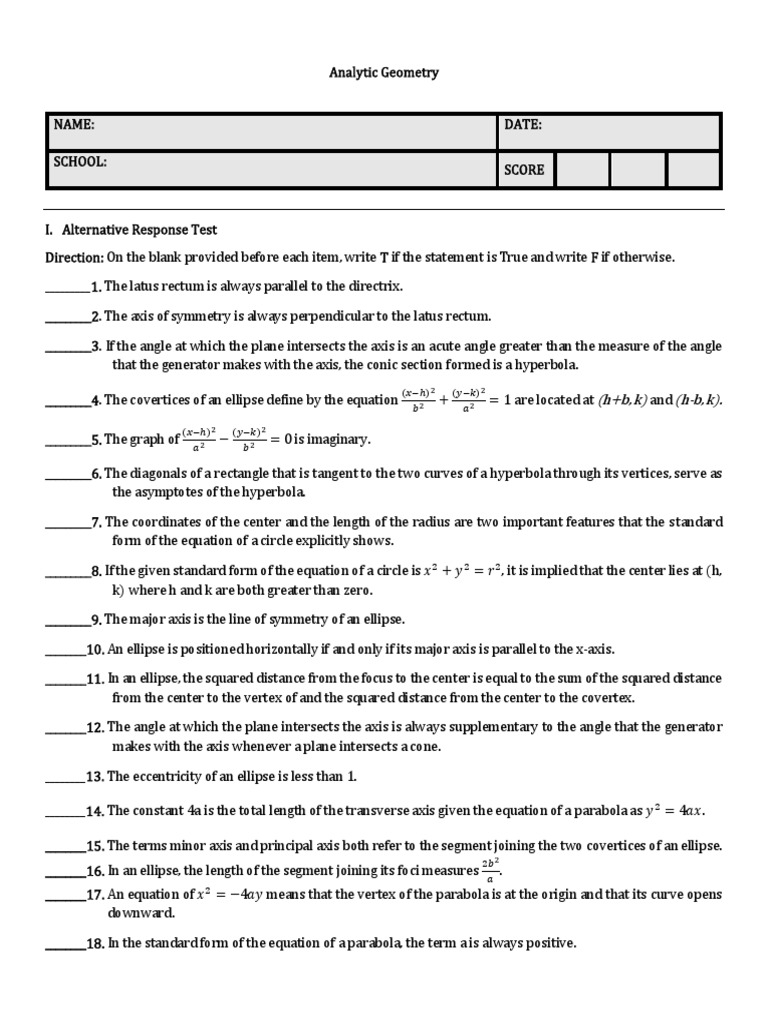 Analytic Geometry Test Review | PDF | Ellipse | Perpendicular