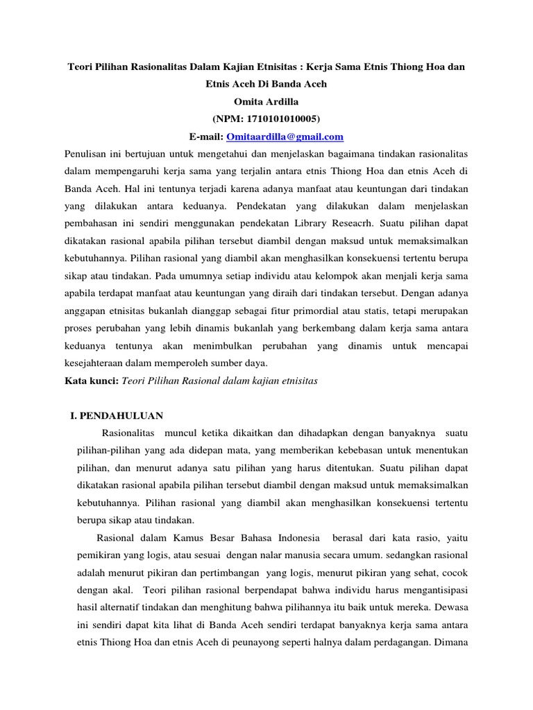 Teori Pilihan Rasionalitas Dalam Kajian Etnisitas | PDF