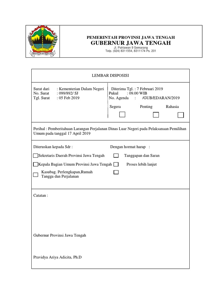 Contoh Lembar Disposisi Dinas | PDF