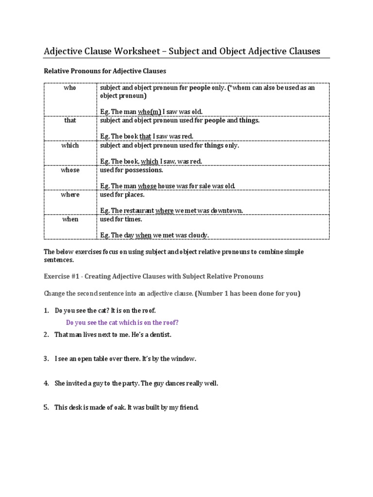 Adjective Clause Exercises Worksheet | PDF | Pronoun | Clause