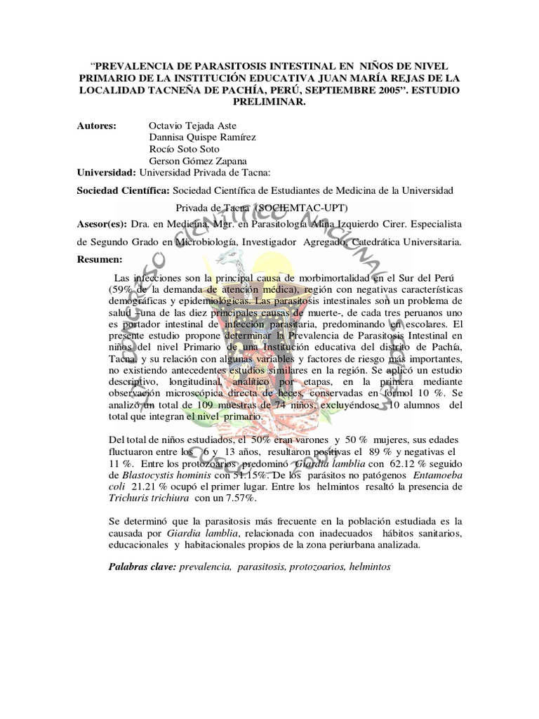 "Prevalencia de Parasitosis Intestinal en Niños de Nivel Primario de La ...