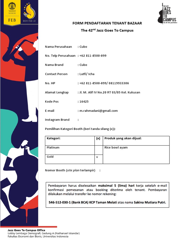 Form Pendaftaran Tenant Bazaar The 42nd Jazz Goes To Campus | PDF