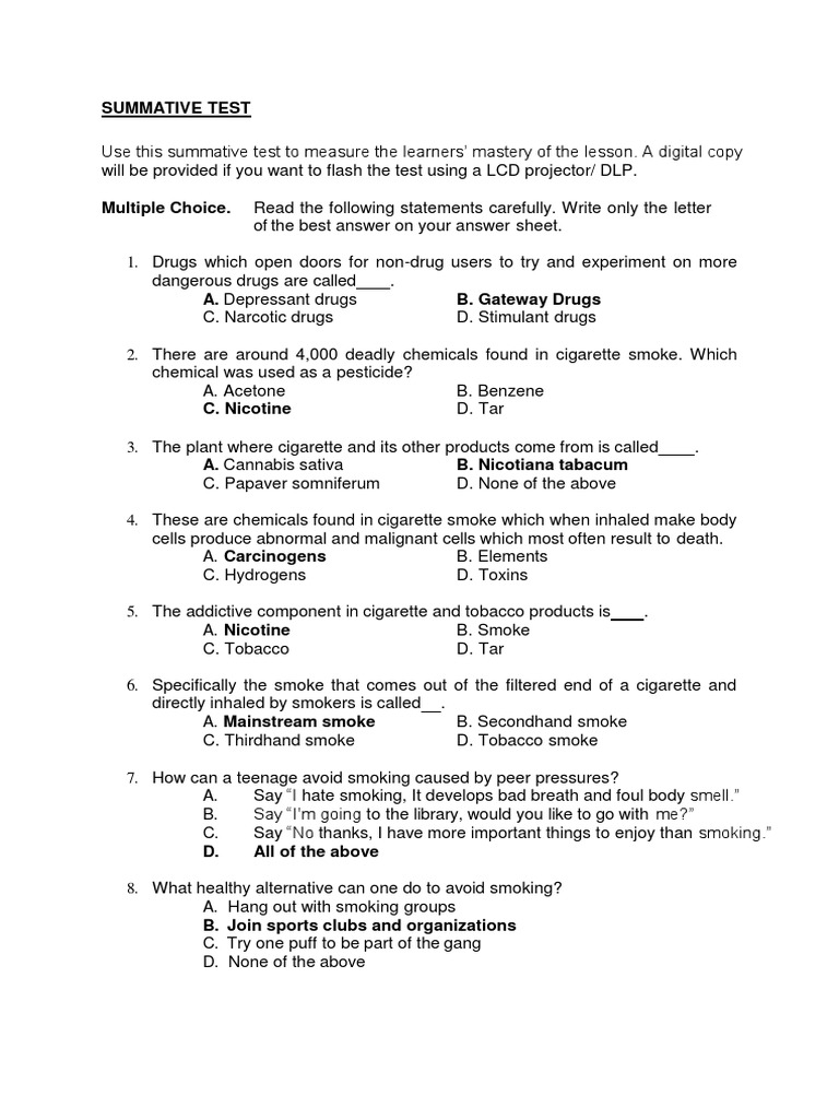4th HEALTH SUMMATIVE TEST Grade 8 | Download Free PDF | Cigarette | Smoking