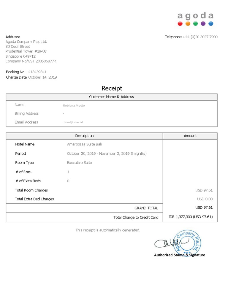 Agoda Booking ID 413439341 - RECEIPT Enclosed | PDF