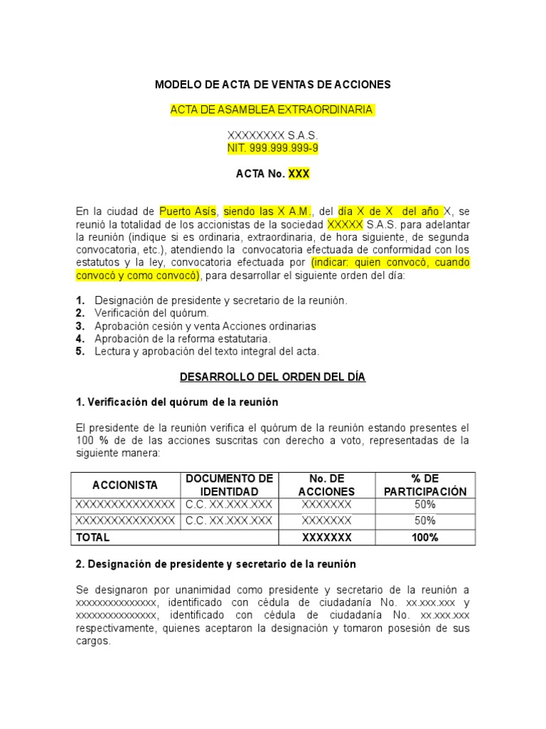 Modelo de Acta de Venta de Acciones SAS | PDF | Gobierno | Elecciones