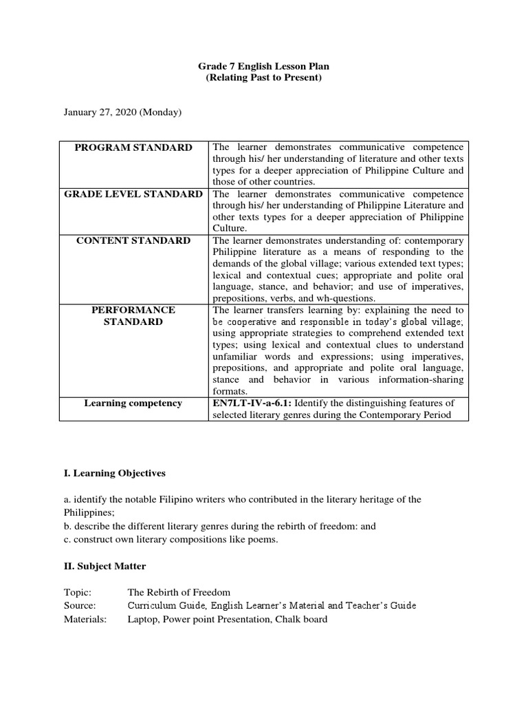 Grade 7 English Lesson Plan | PDF