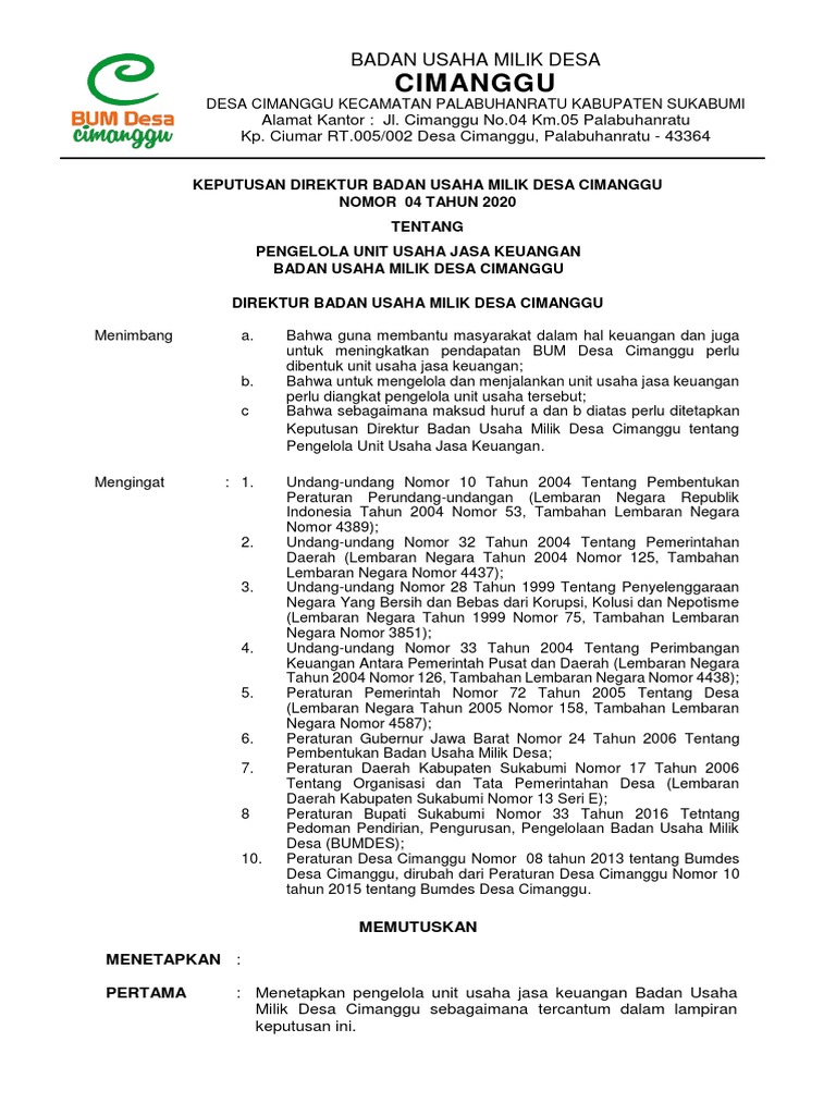 SK Unit Usaha Bum Desa Cimanggu 2020 | PDF