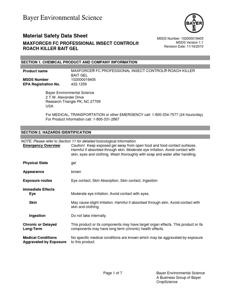 Maxforce FC Gel Roach - MSDS | PDF | Toxicity | Resource Conservation ...