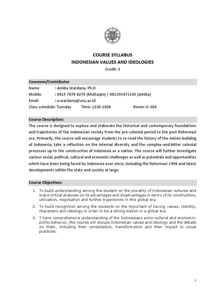 Indonesian Values and Ideology Syllabus | PDF | Indonesia | Value (Ethics)