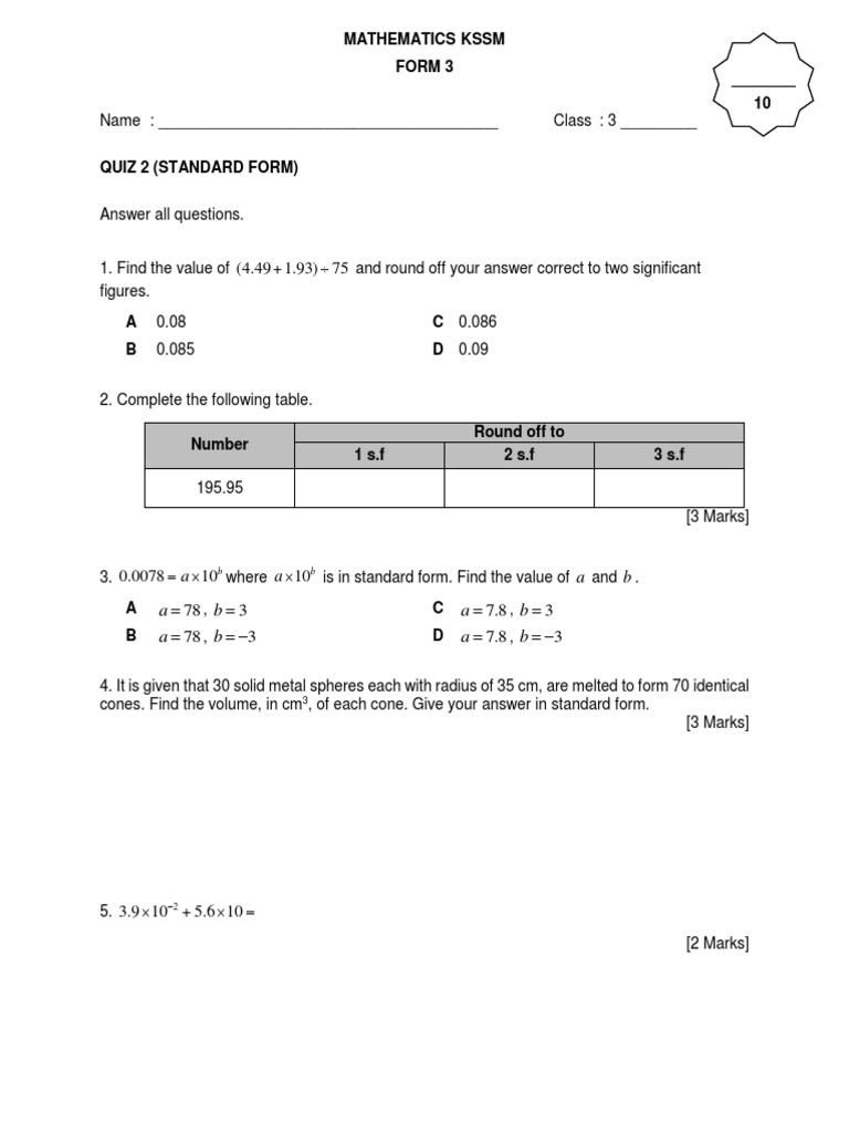 Quiz Standard Form - F3 | PDF