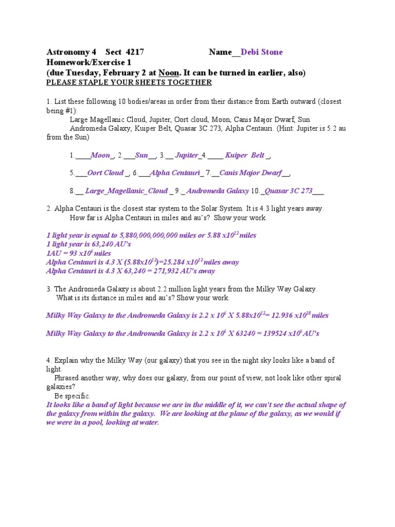 Astronomy 4 Homework Assignment 1 Pdf Milky Way Solar System
