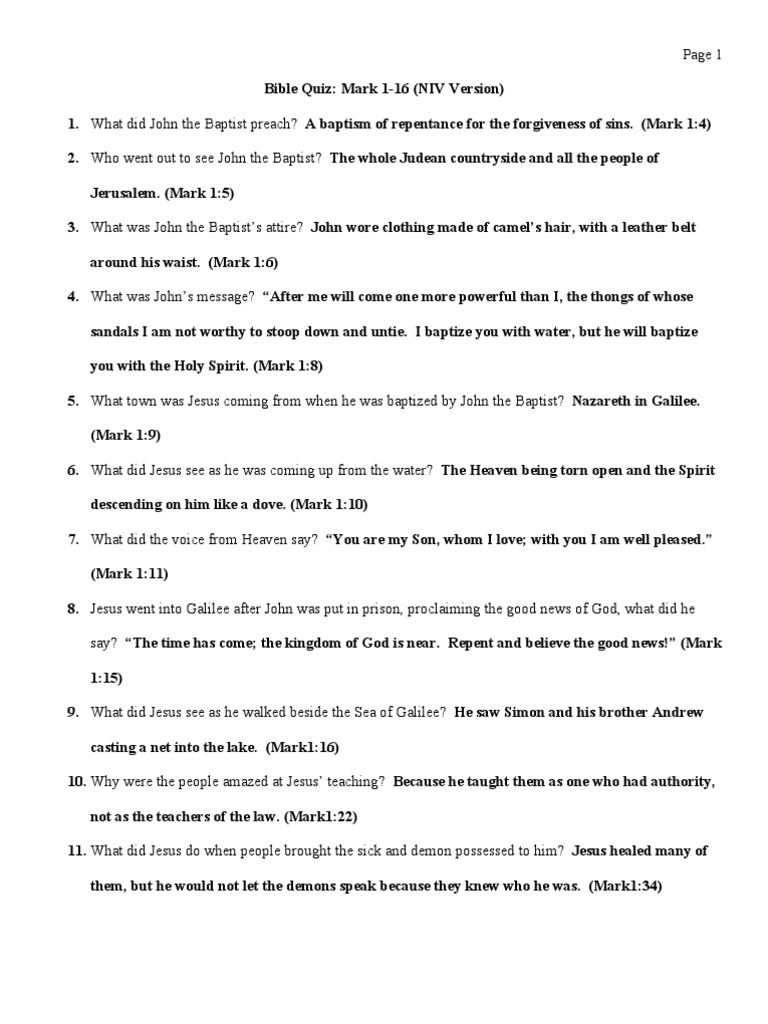 Bible Quiz | John The Baptist | Gospel Of Mark