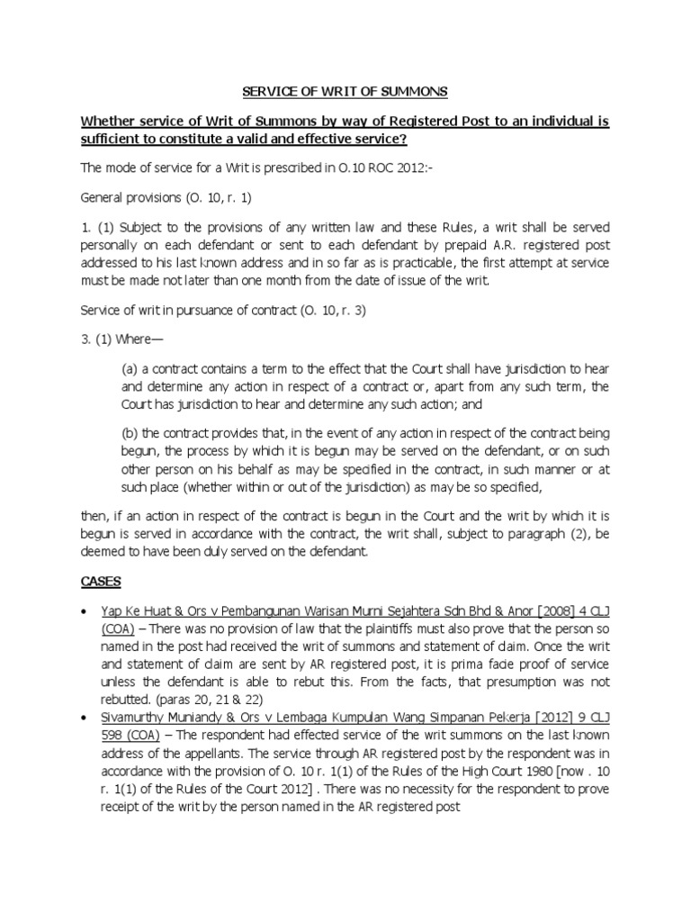 Service of Summons by Way of AR Registered Post Issues | PDF | Service ...