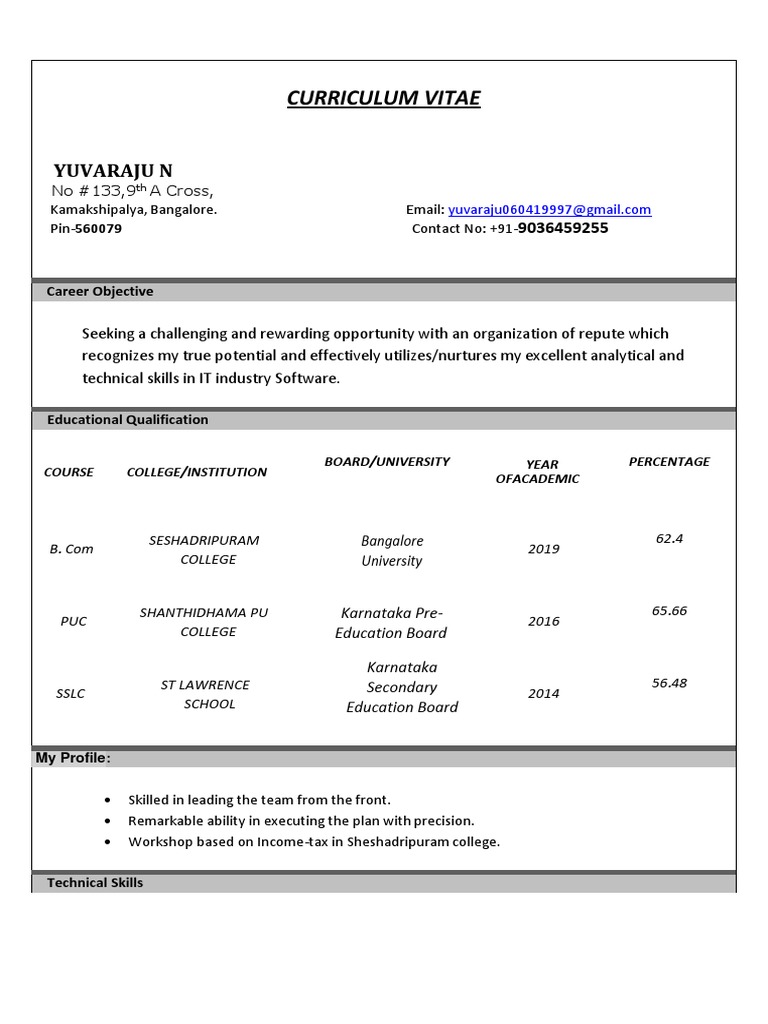 Yuvi Resume - Internship | PDF | Bangalore | Computing