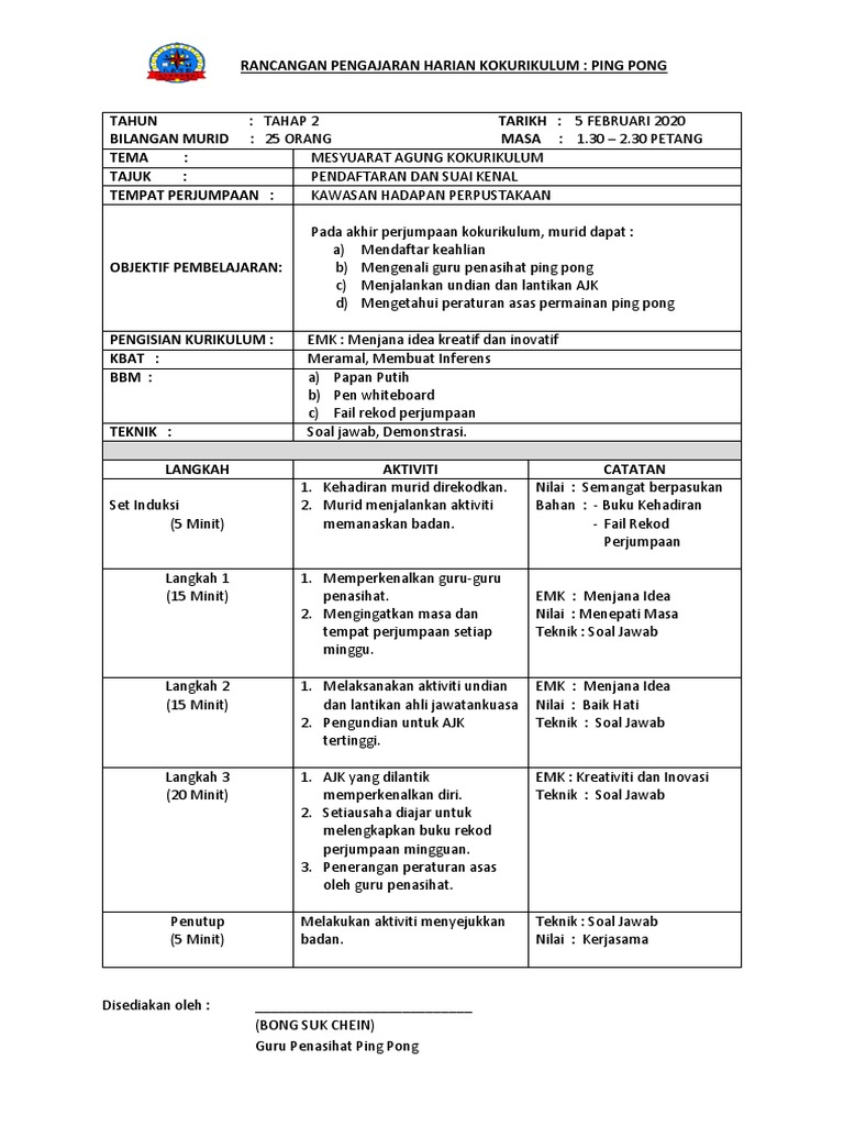 RPH KOKURIKULUM Ping Pong | PDF