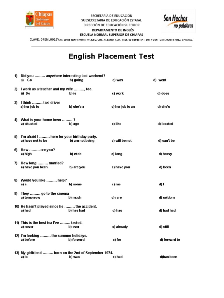 English Placement Test Practice 2025 | PDF