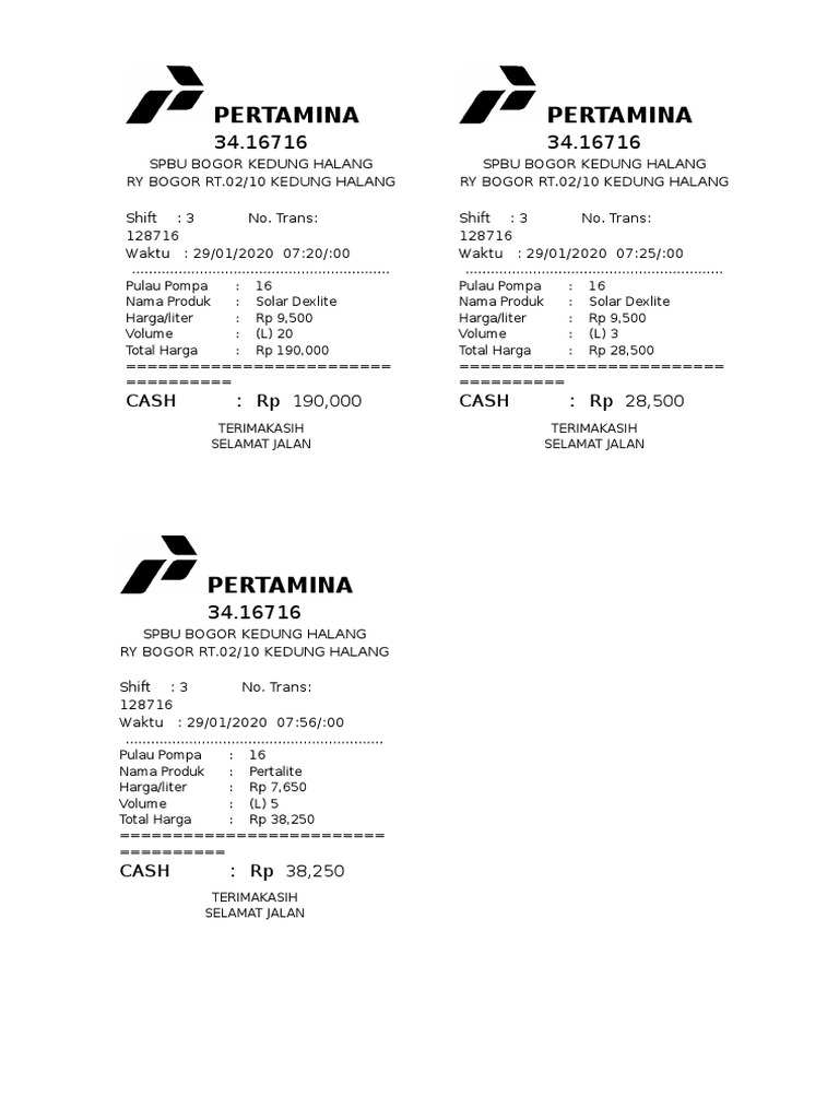 Struk Pembelian Solar Dexlite Pertamina | PDF