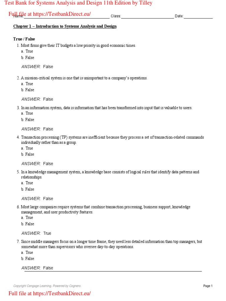 Test Bank For Systems Analysis and Design 11th Edition by Tilley | PDF ...