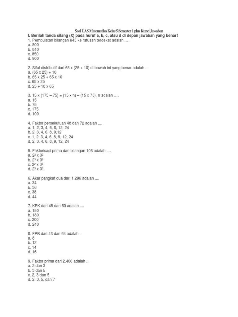 Soal UAS Matematika Kelas 5 Semester 1 Plus Kunci Jawaban | PDF