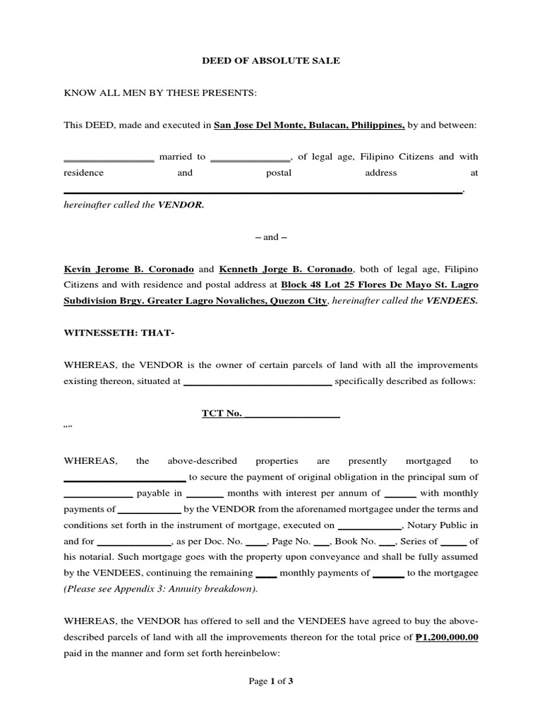 Sample Deed of Absolute Sale | PDF | Mortgage Law | Private Law