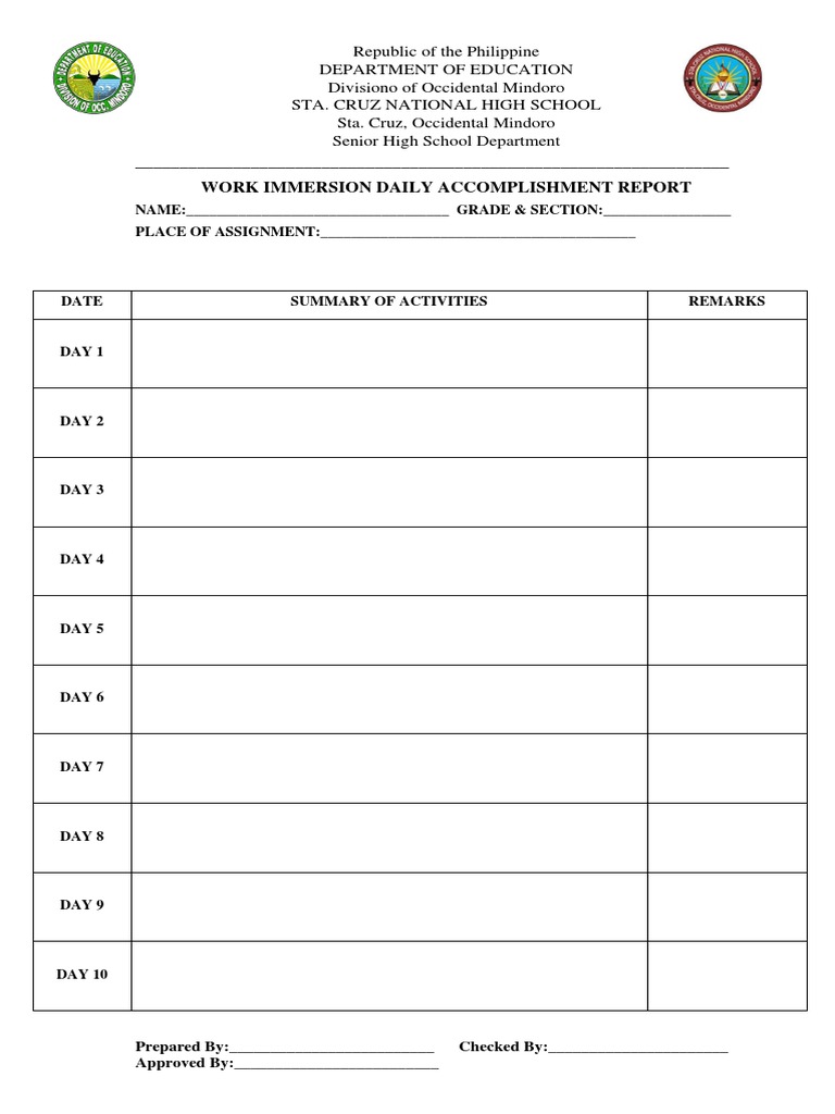 Work Immersion Daily Accomplishment Report | PDF