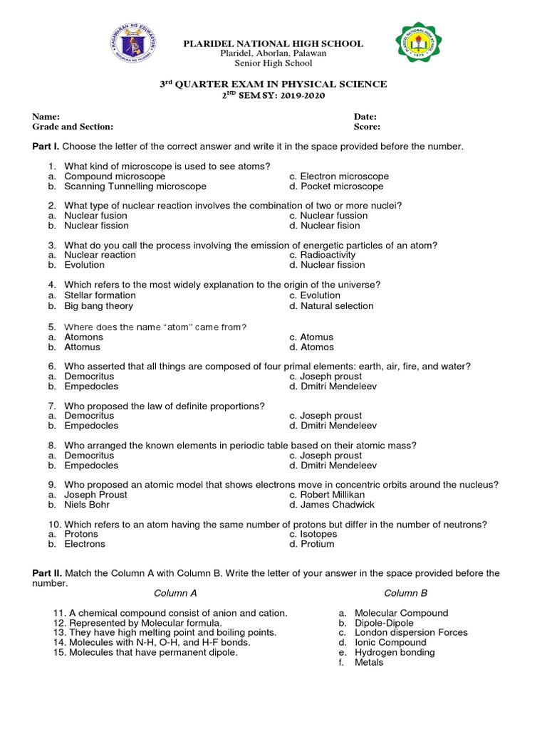3rd Quarter Physical Science Exam | PDF | Atoms | Atomic Nucleus