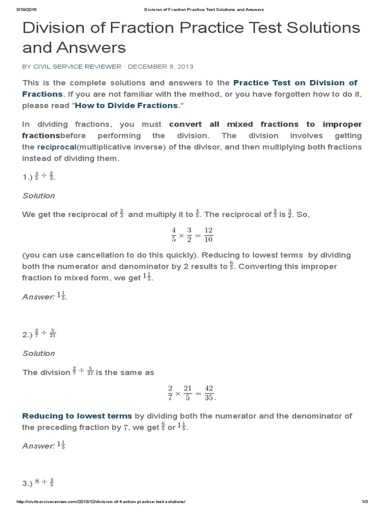 Division of Fraction Practice Test Solutions and Answers PDF | PDF ...