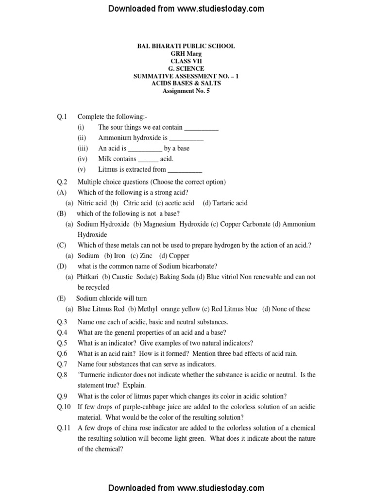 CBSE Class 7 Science Worksheet (5) - 0 | PDF | Acid | Molecules