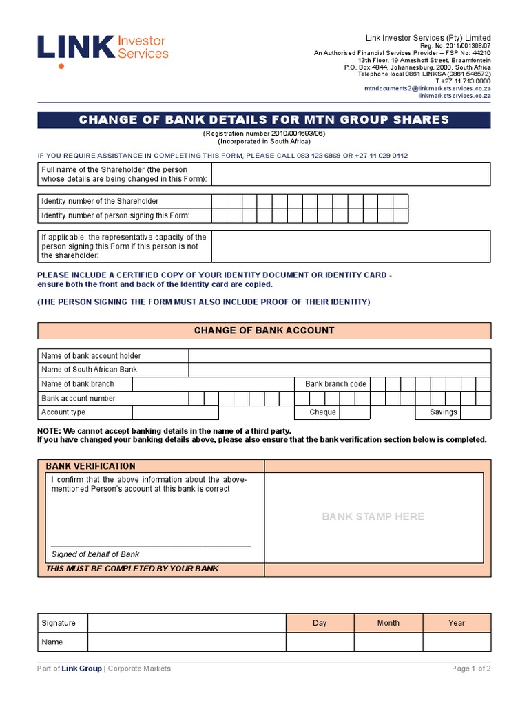 MTN Group Bank Details Change Form | PDF | Identity Document | Banks