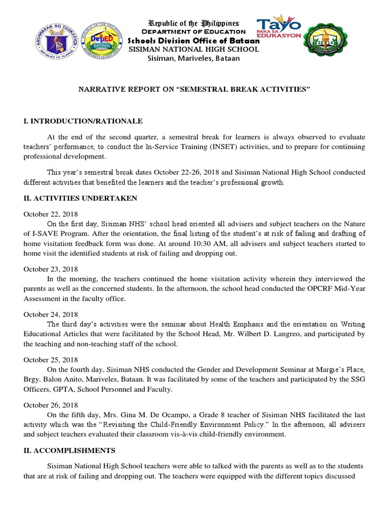 Narrative Report Sembreak | PDF | Education Theory | Communication