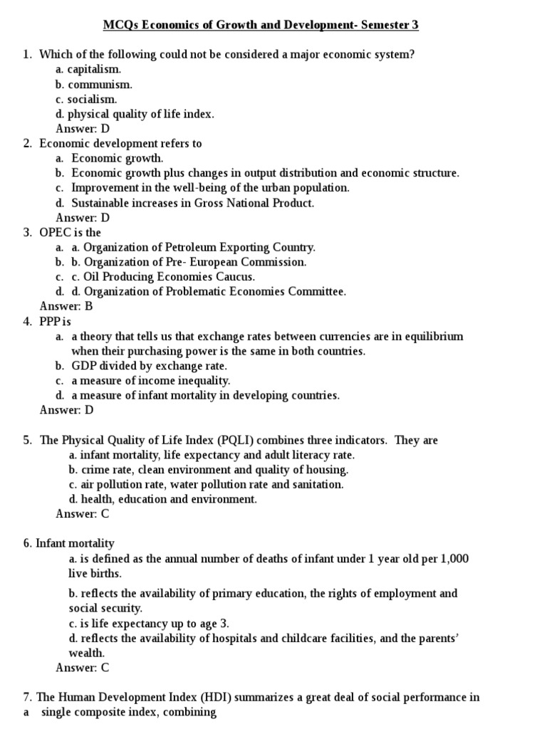 MCQs on Economic Growth and Development | PDF | Economic Development ...
