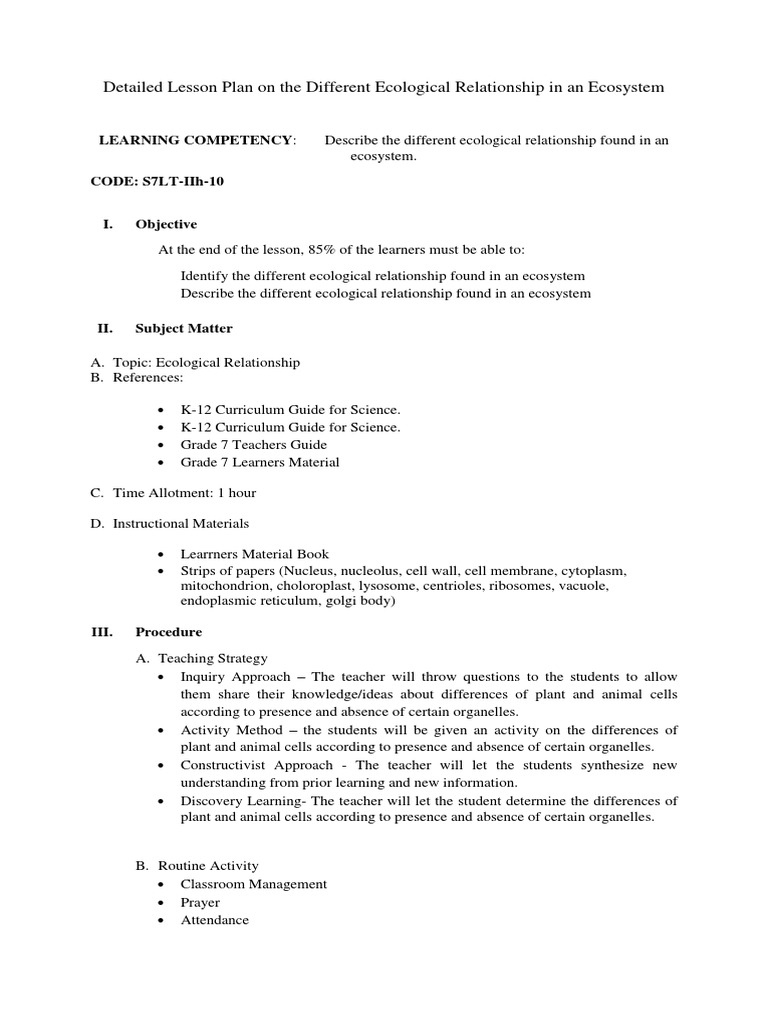 Ecological Relationships Lesson Plan | PDF | Lesson Plan | Teachers