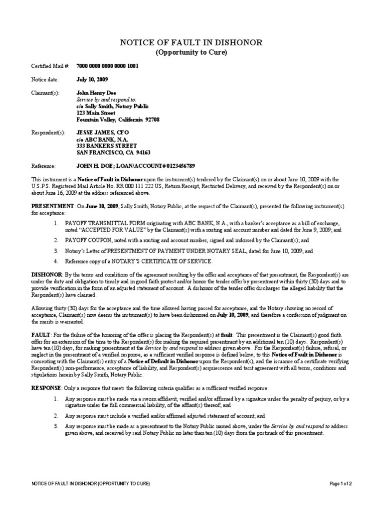 1-2-NOTICE OF FAULT IN DISHONOR | Registered Mail | Notary Public